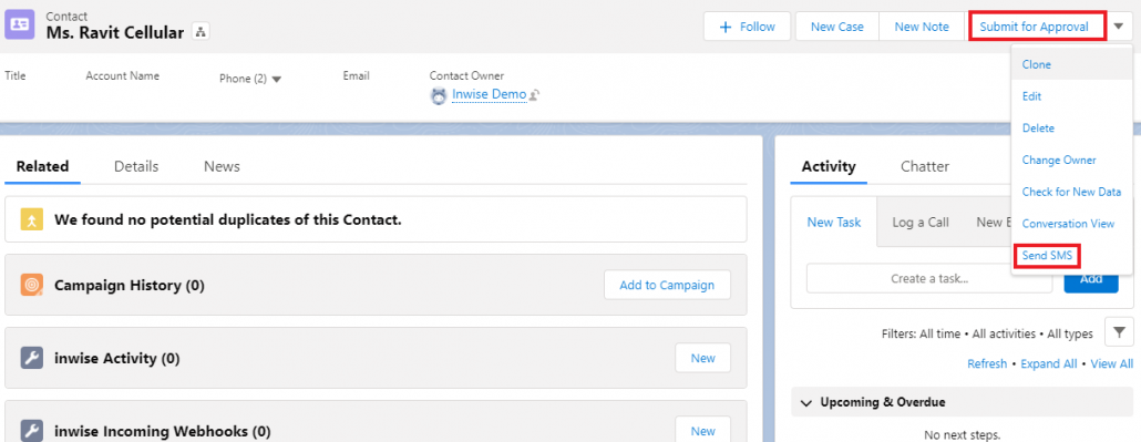 Send a fast SMS to a contact / lead - inwise