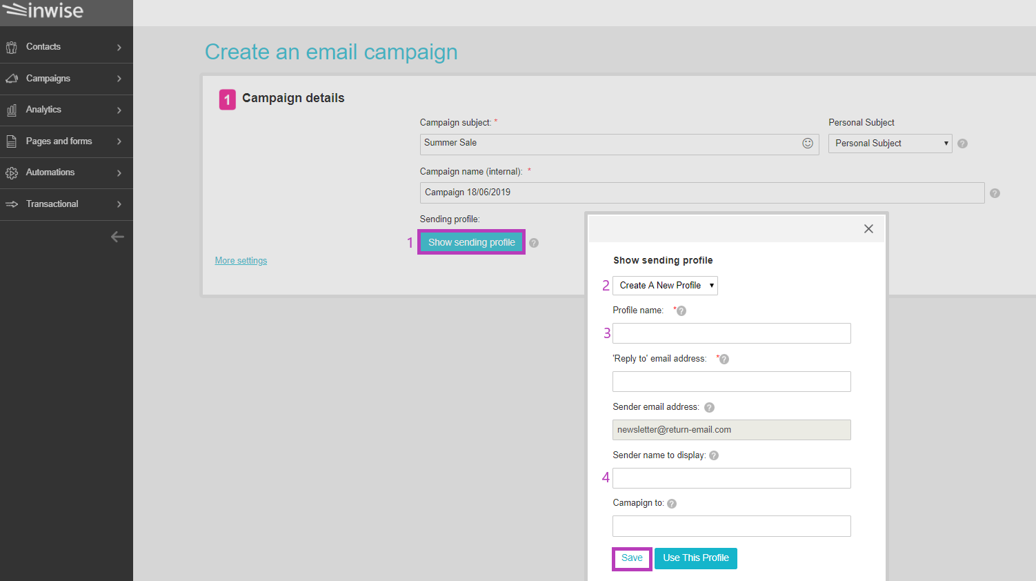 Sending profile - sender name and email address - inwise